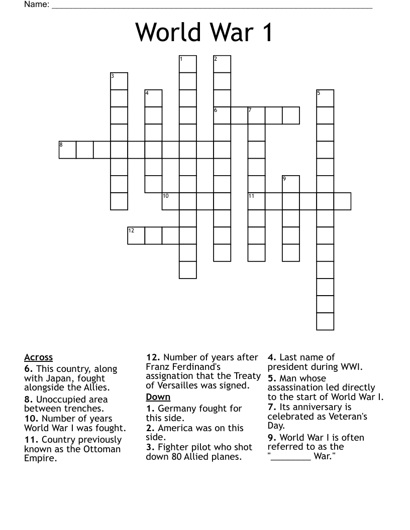 World War 1 Crossword - WordMint