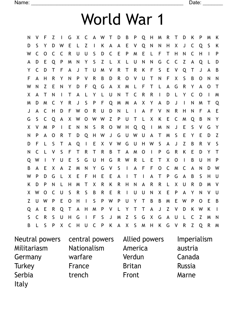 World War 1 Word Search WordMint