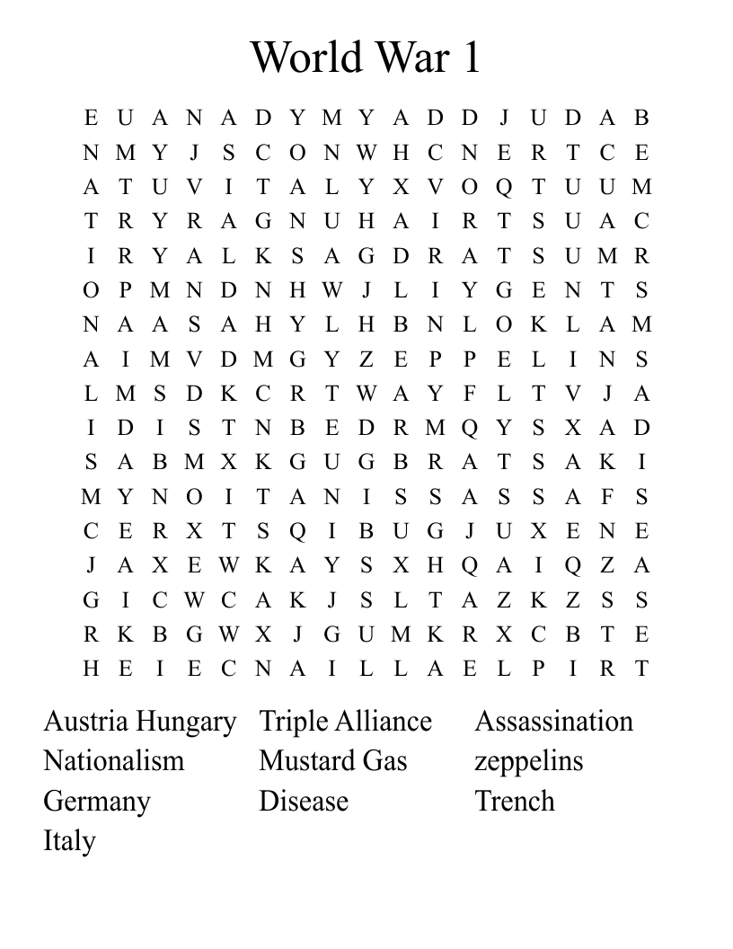 World War 1 Word Search - WordMint