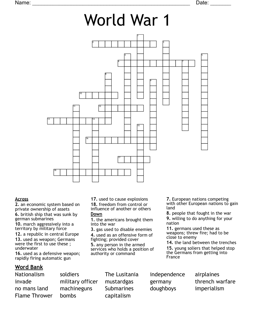 World War 1 Crossword - WordMint
