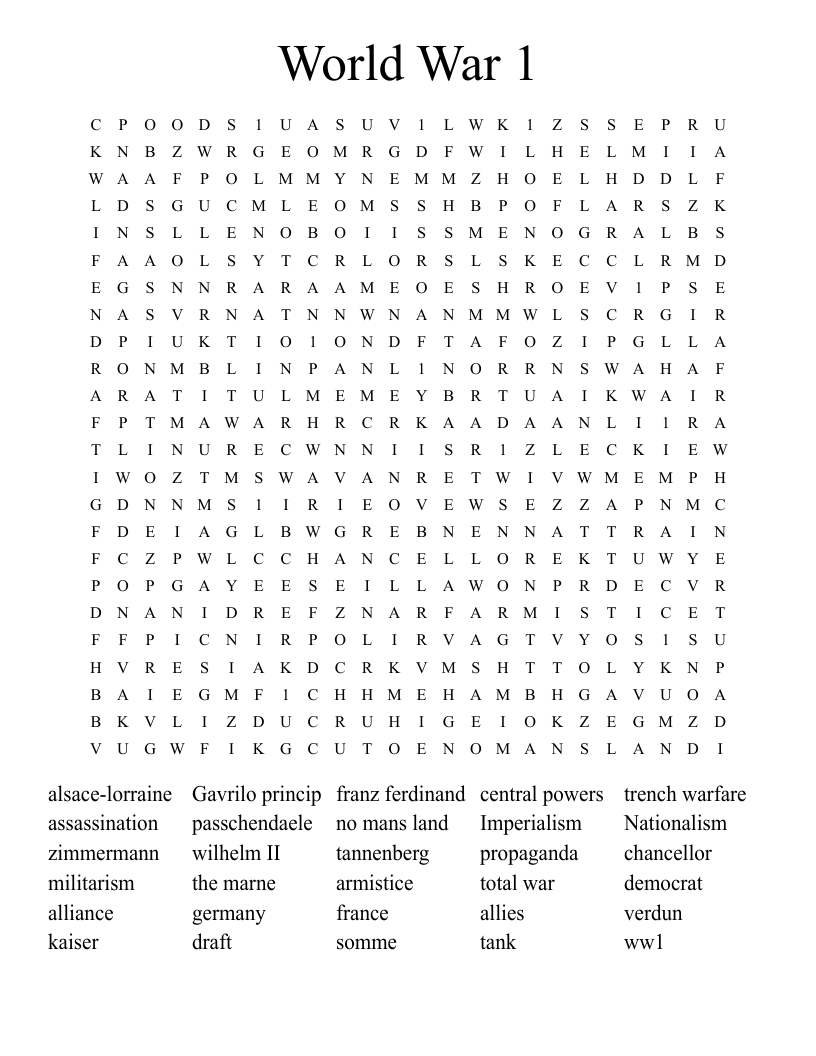 World War One Wordsearch WordMint