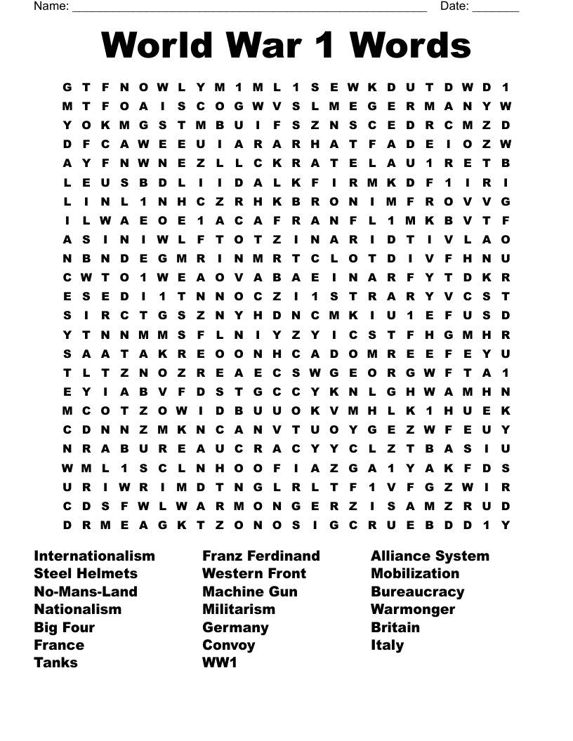World War 1 Words Word Search WordMint