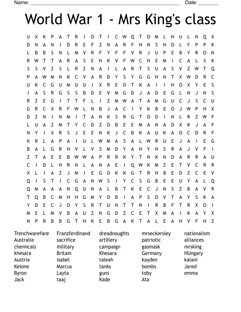 World War 1 - Mrs King's class Word Search - WordMint