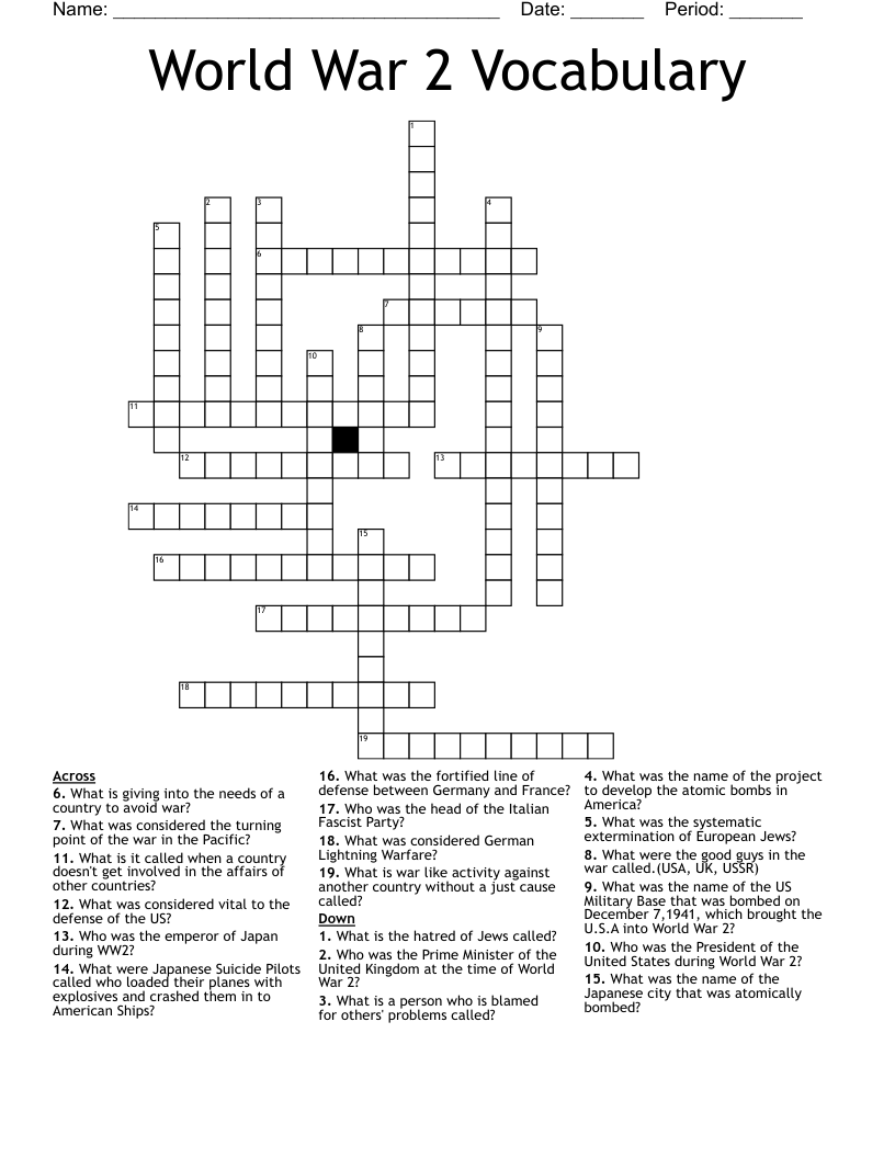World War 2 Vocabulary Crossword - WordMint