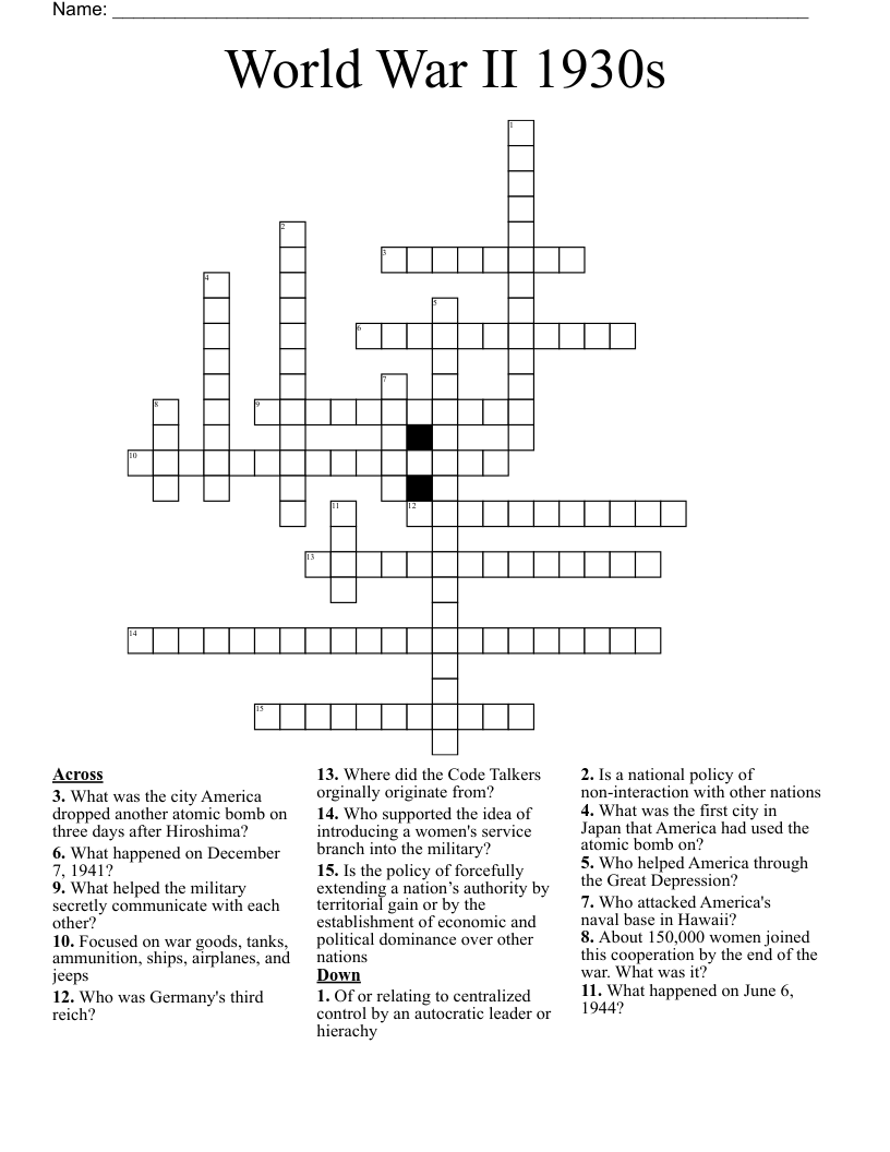 World War II 1930s Crossword - WordMint