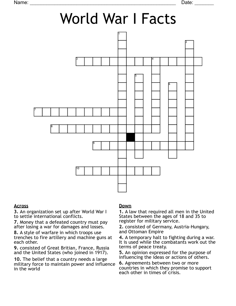 World War I Facts Crossword - WordMint