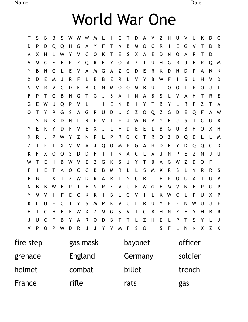 World War One Word Search WordMint