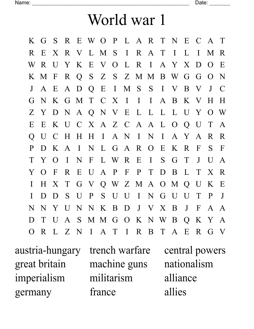 World War 1 Word Search WordMint