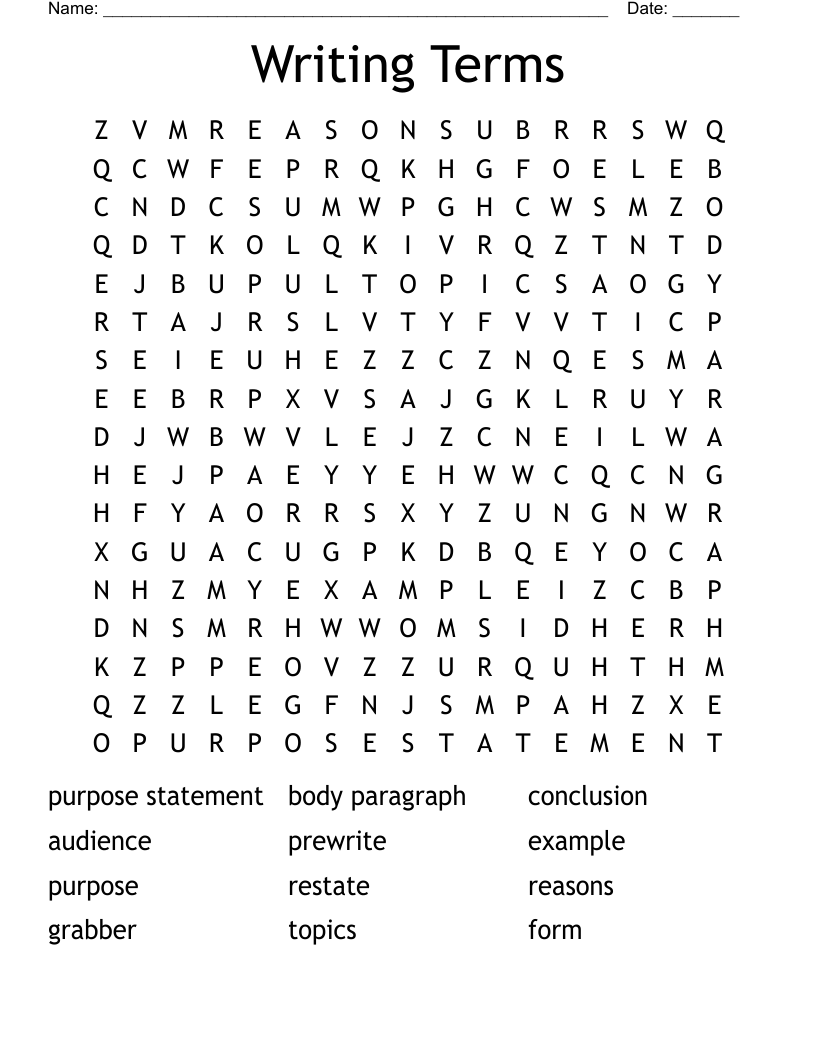 Writing Terms Word Search WordMint
