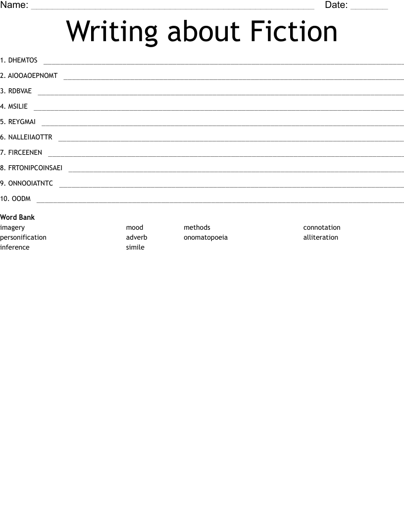 Writing about Fiction Word Scramble - WordMint