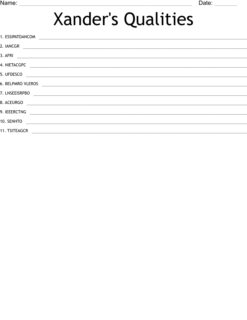 Xander's Qualities Word Scramble - WordMint