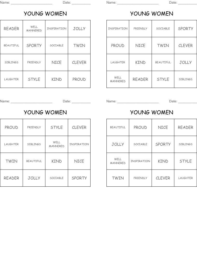 YOUNG WOMEN Bingo Cards WordMint young-women-bingo-cards-wordmint