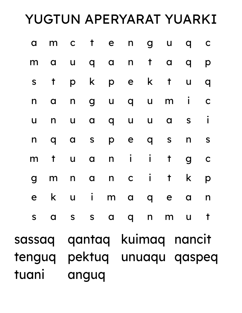 YUGTUN APERYARAT YUARKI Word Search - WordMint