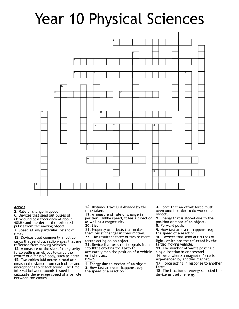 Year 10 Physical Sciences Crossword - WordMint