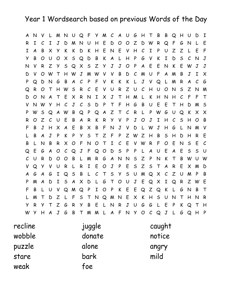 Year 1 Wordsearch based on previous Words of the Day - WordMint
