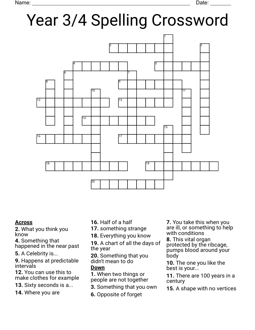 Year 3/4 Spelling Crossword - WordMint