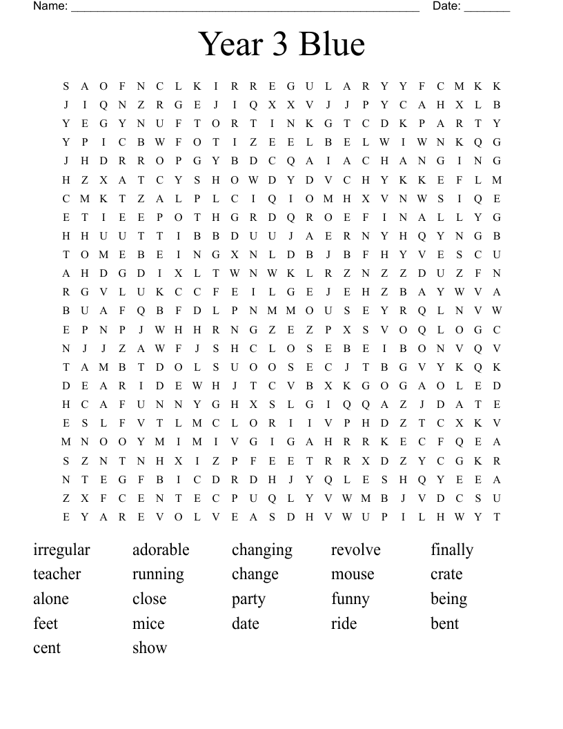 Year 3 Blue Word Search - WordMint