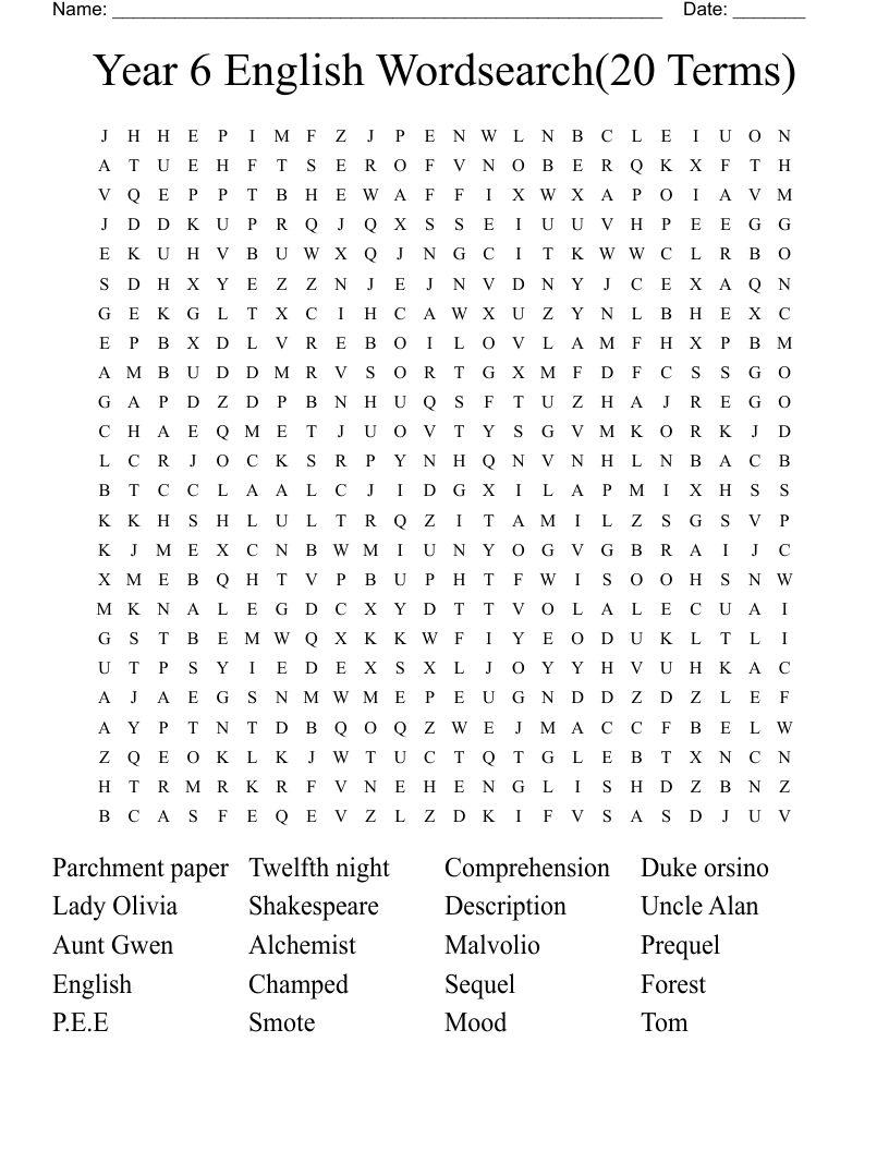 Year 6 English Wordsearch(20 Terms) - WordMint
