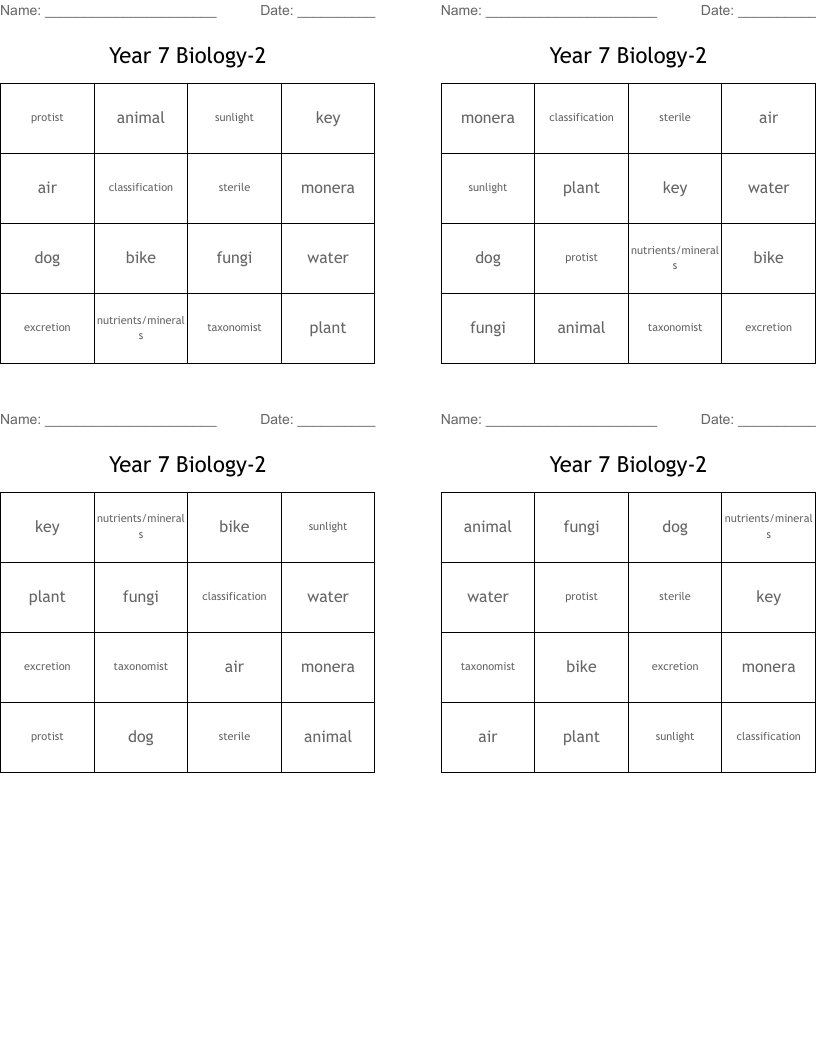 Year 7 Biology-2 Bingo Cards - WordMint