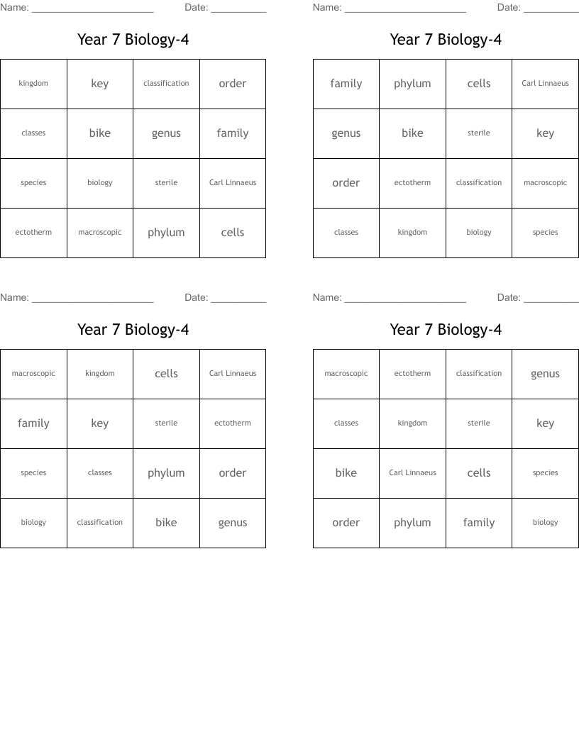 Year 7 Biology-4 Bingo Cards - WordMint