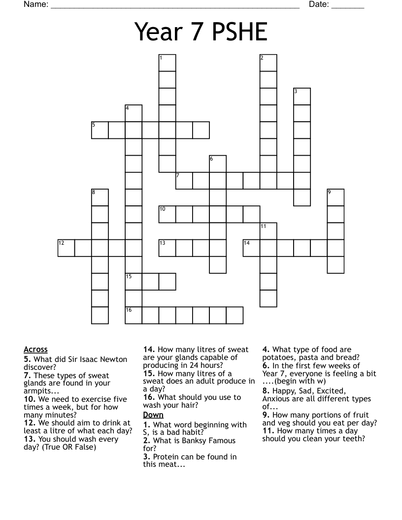 Year 7 PSHE Crossword - WordMint