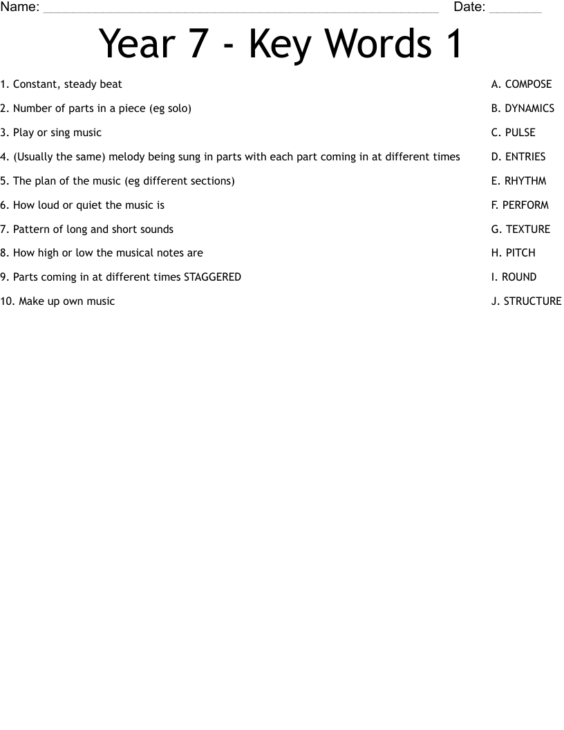 Year 7 - Key Words 1 Worksheet - WordMint