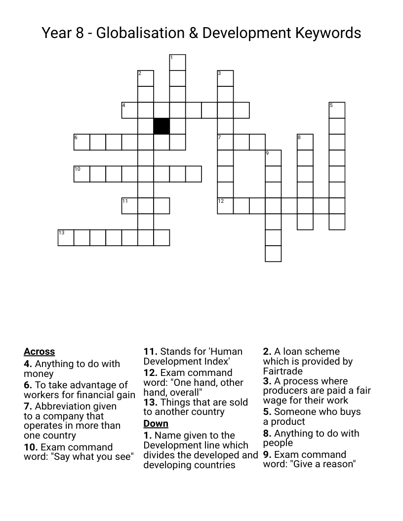 Year 8 - Globalisation & Development Keywords Crossword - WordMint