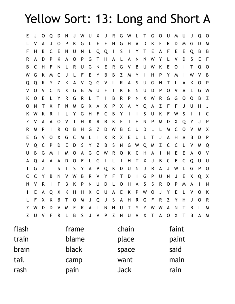 Yellow Sort: 13: Long and Short A Word Search - WordMint
