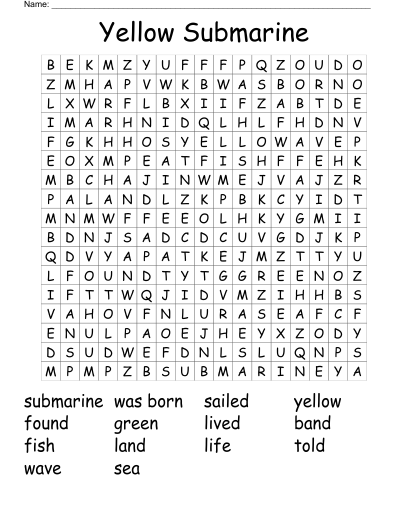 Yellow Submarine Word Search - WordMint