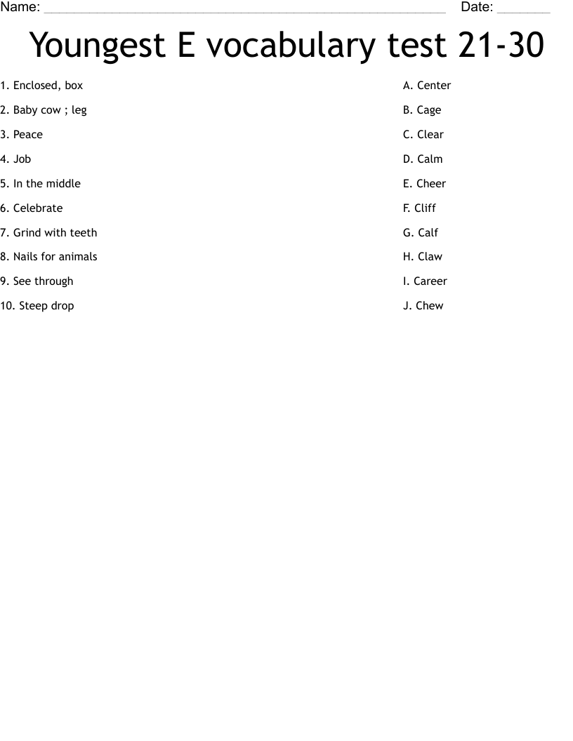Youngest E vocabulary test 21-30 Worksheet - WordMint