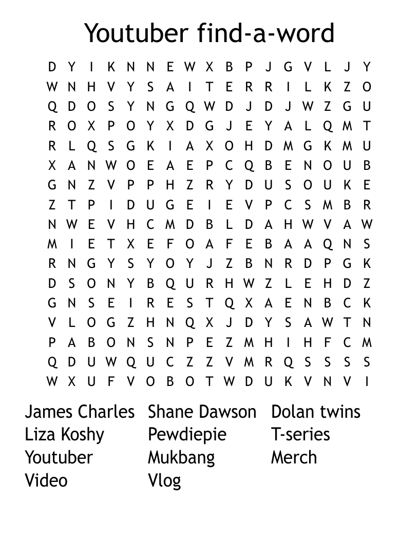 Youtuber Find a word Word Search WordMint