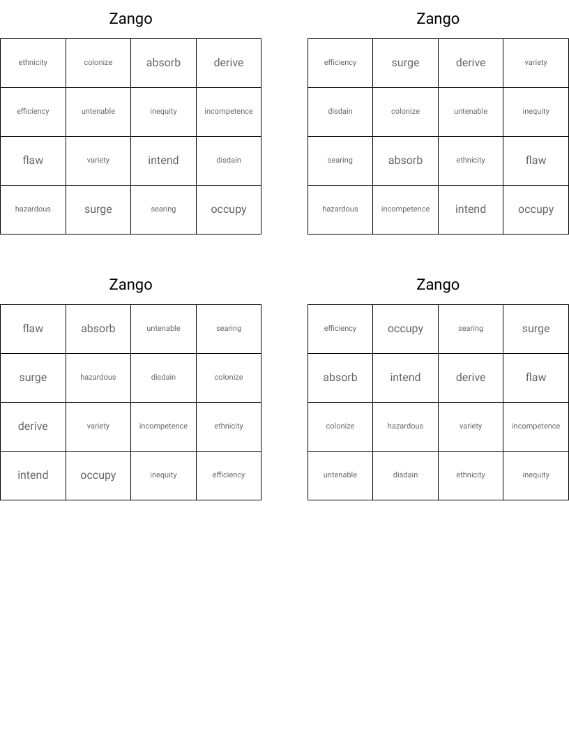 Zango Bingo Cards - WordMint