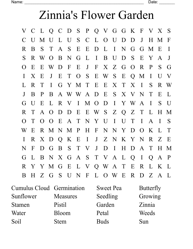 Zinnia's Flower Garden Word Search - WordMint