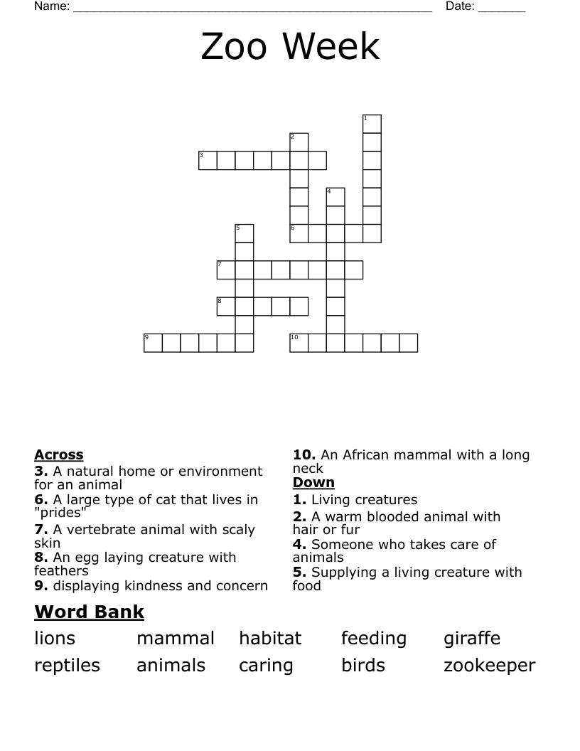 Zoo Week Crossword - WordMint