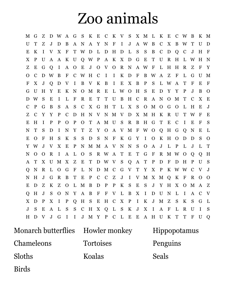 Zoo animals Word Search - WordMint