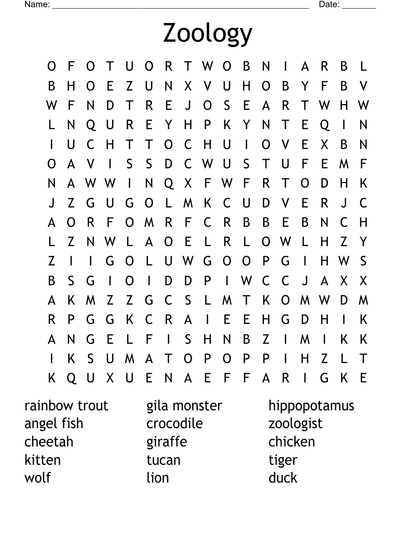 Zoology Word Search WordMint