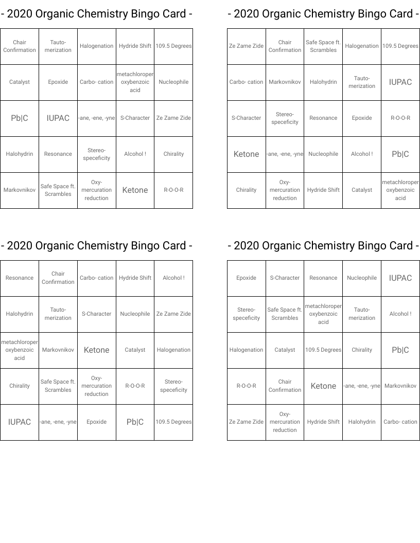 - 2020 Organic Chemistry Bingo Card - - WordMint