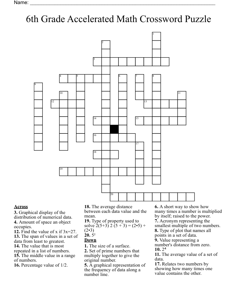 Math Crossword Puzzles 6th Grade