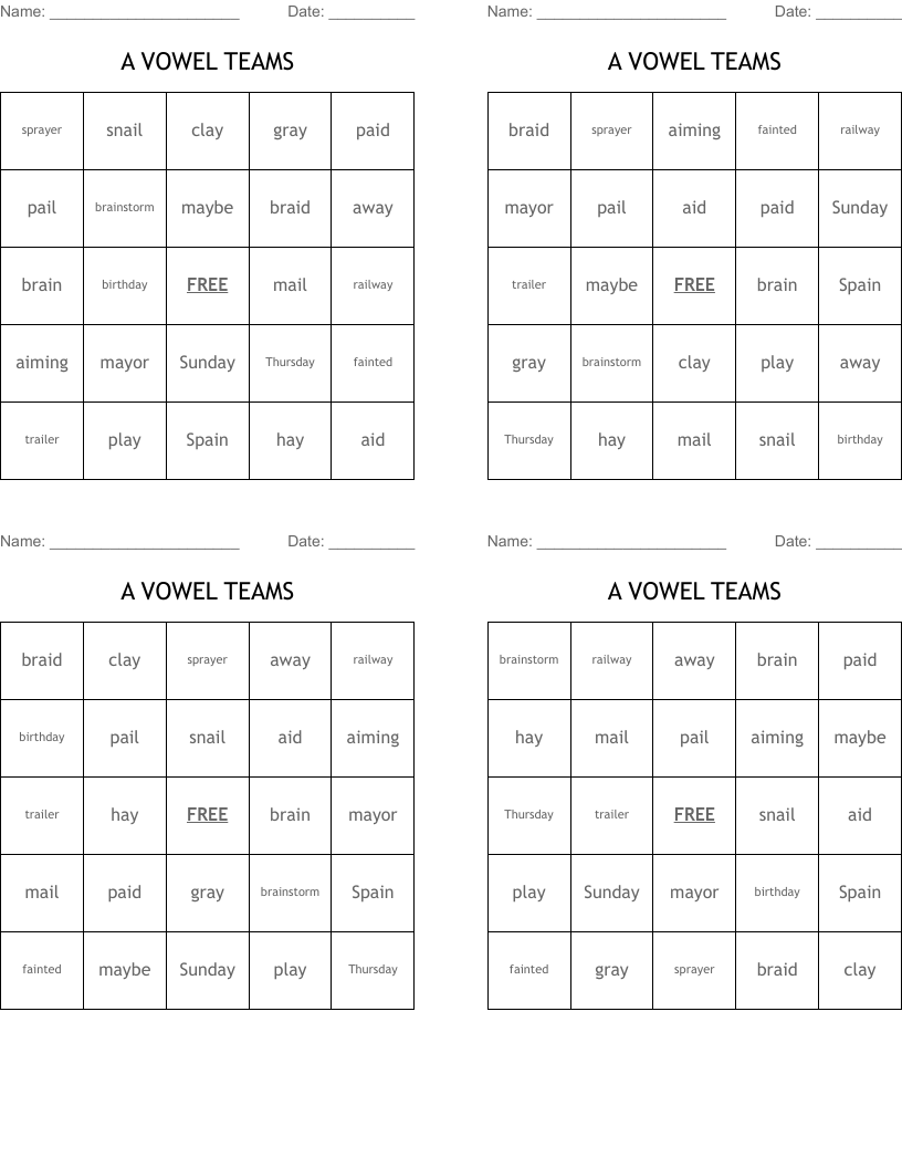 A VOWEL TEAMS Bingo Cards WordMint