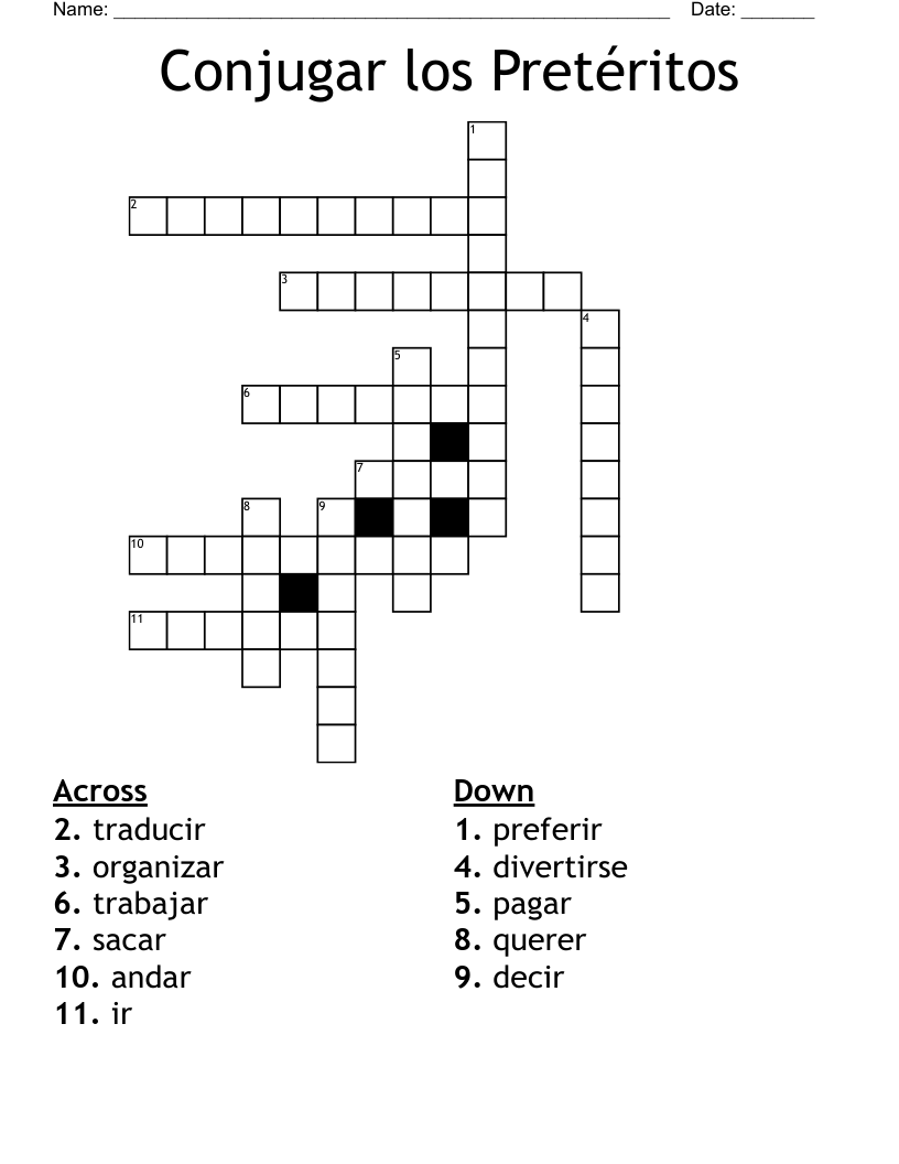 Conjugar los Pretéritos Crossword - WordMint