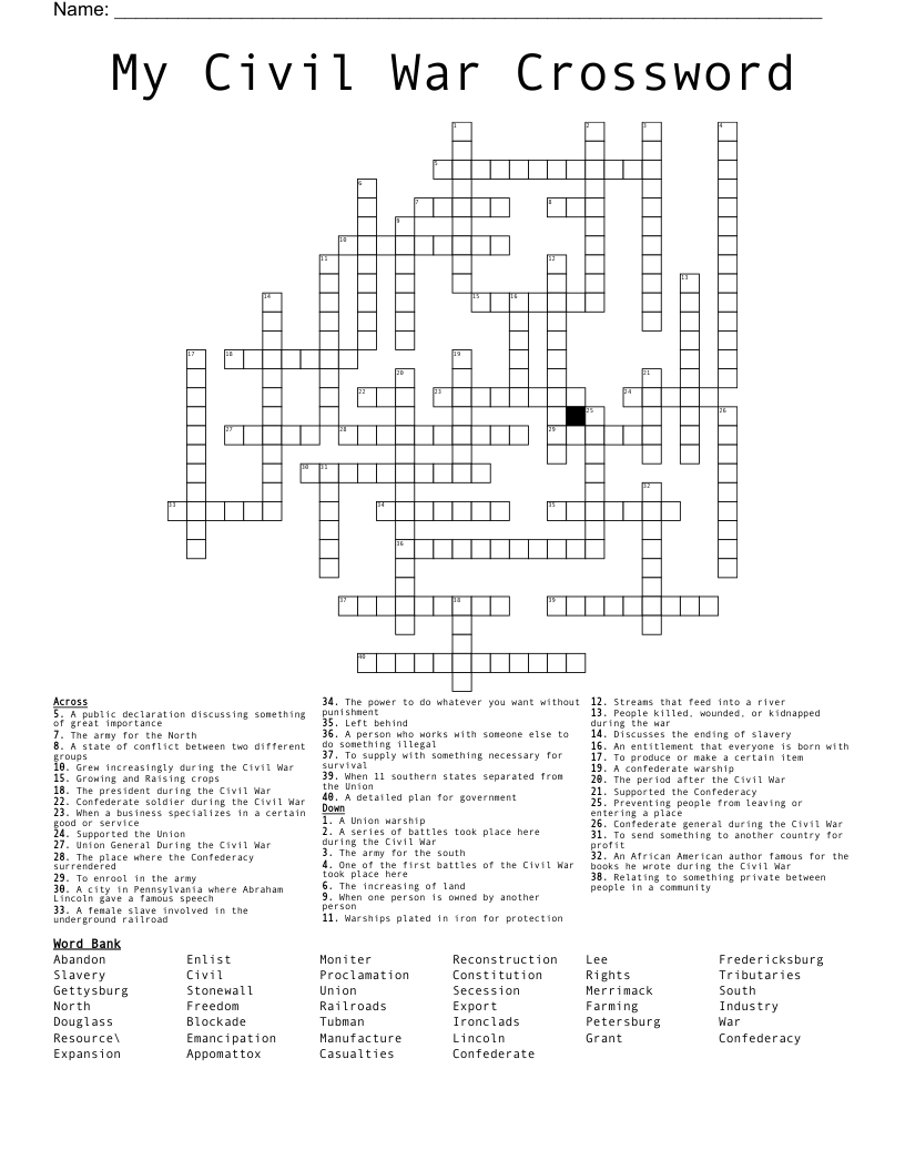 My Civil War Crossword - WordMint
