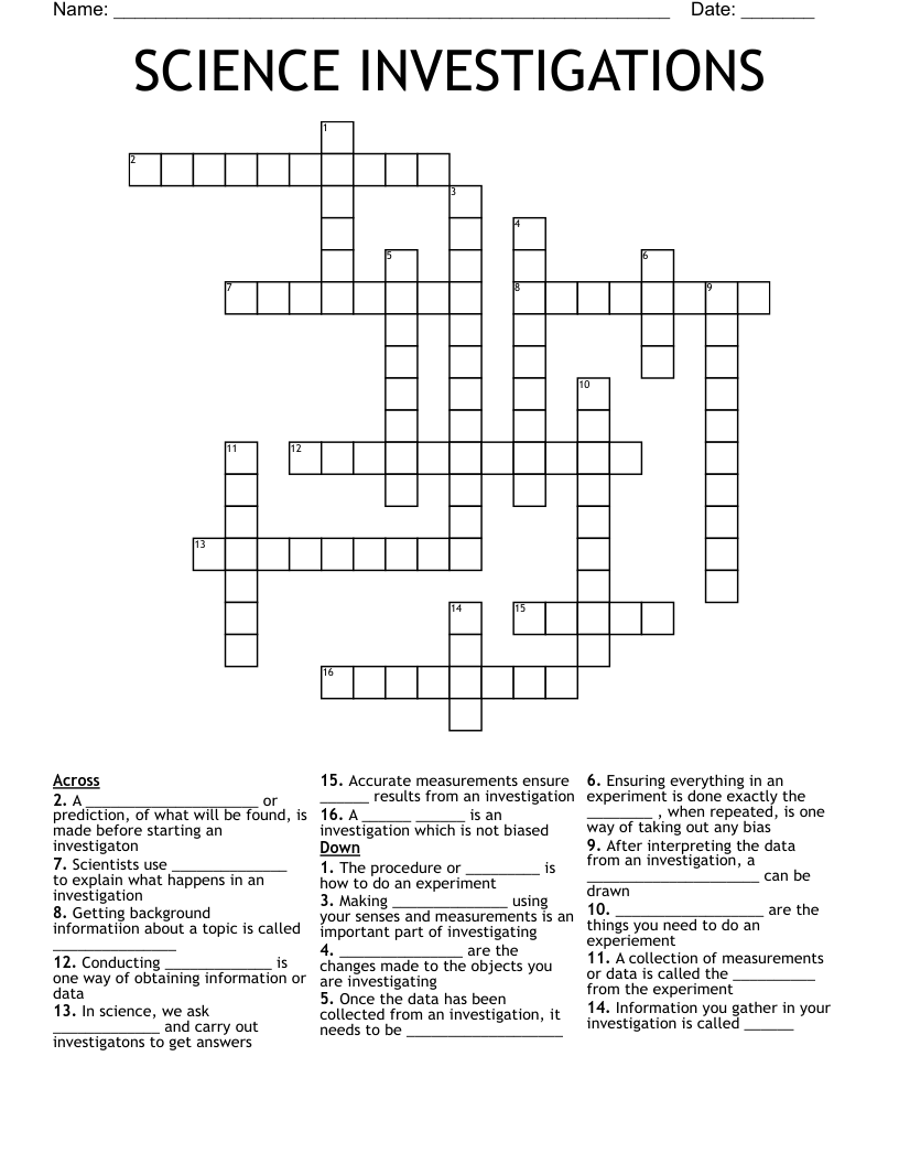 SCIENCE INVESTIGATIONS Crossword - WordMint