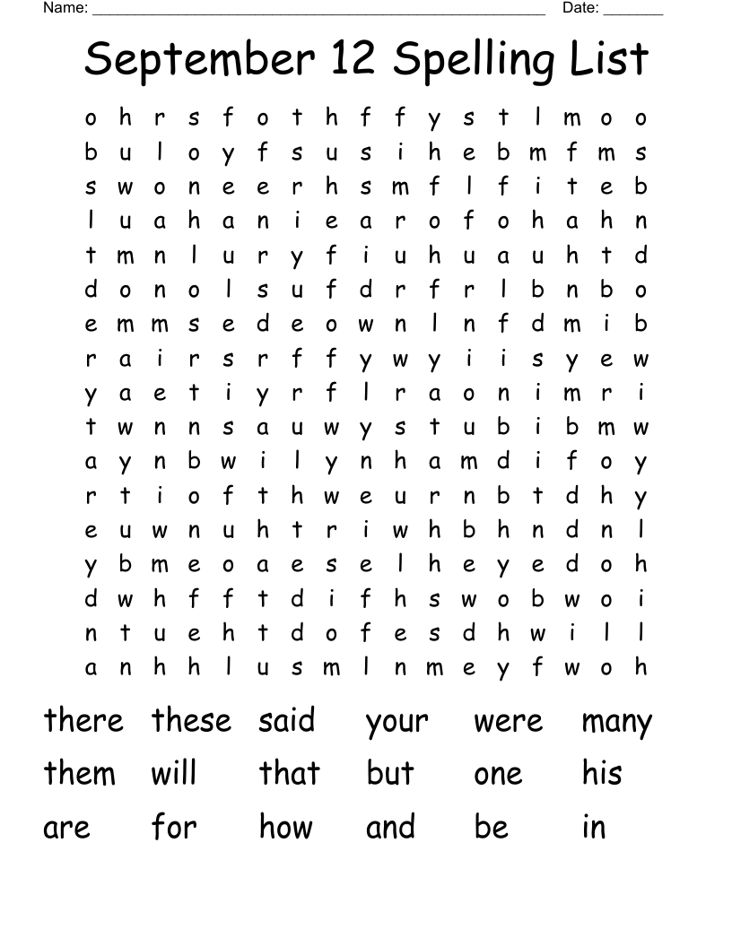 September 12 Spelling List Word Search - WordMint