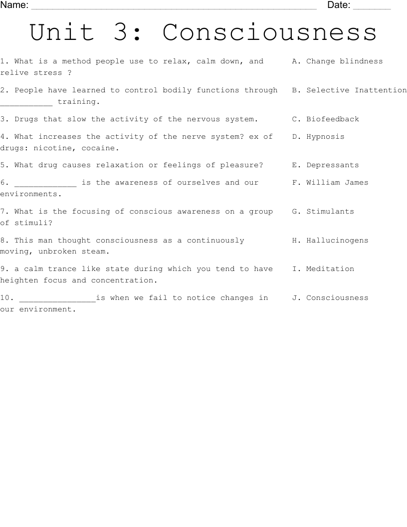 Unit 3: Consciousness Worksheet - WordMint