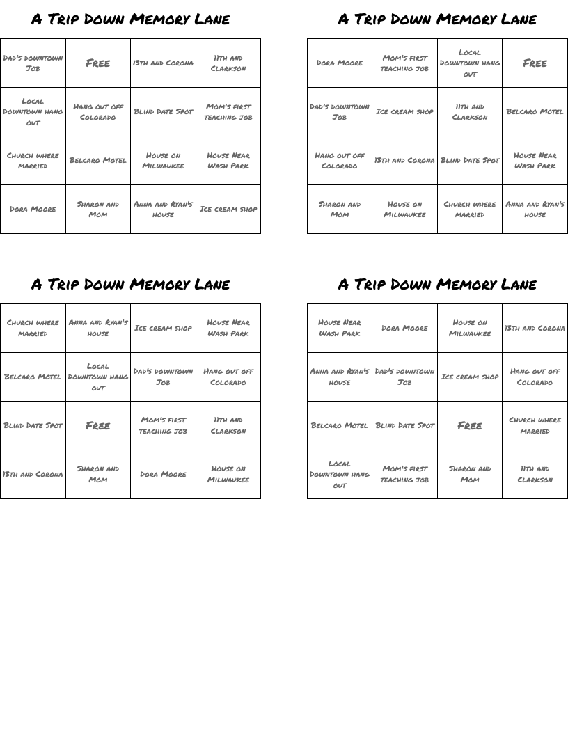 A Trip Down Memory Lane Bingo Cards - WordMint
