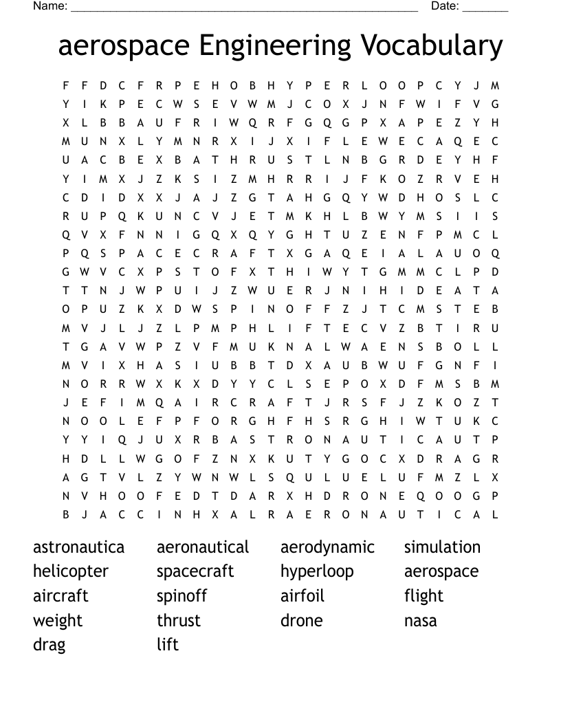 aerospace Engineering Vocabulary Word Search - WordMint