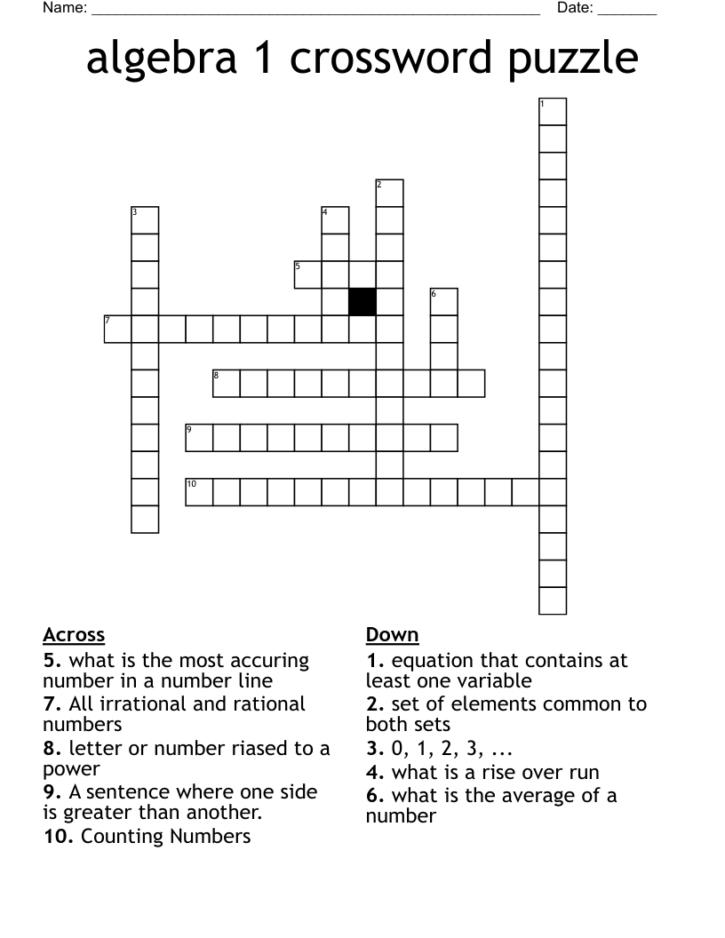 Algebra 1 Crossword Puzzle WordMint