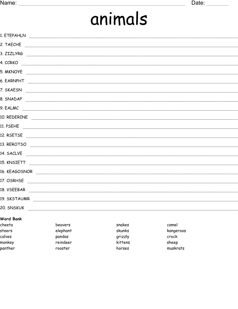 animals Word Scramble - WordMint