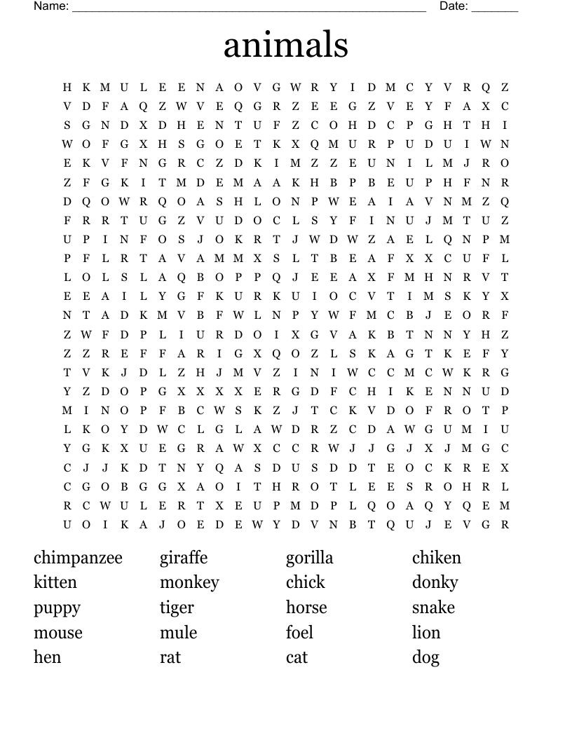 Animals Word Search WordMint