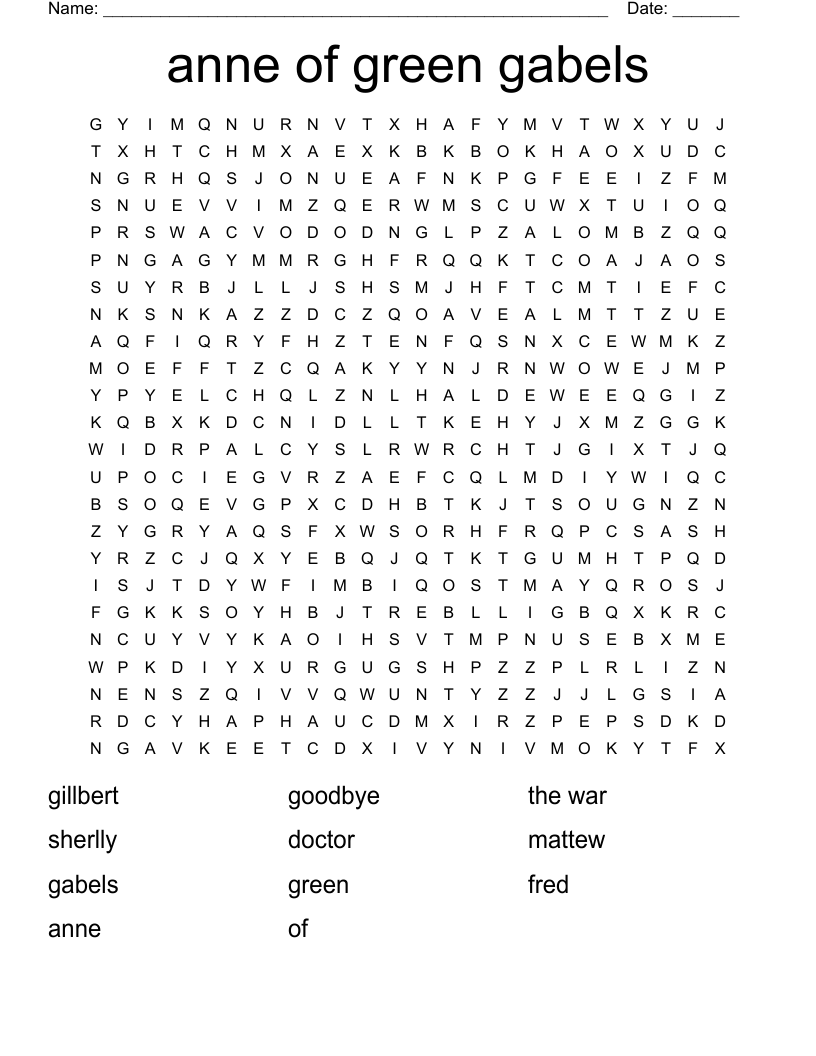 anne of green gabels Word Search - WordMint